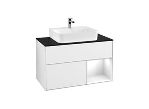 4051202618902 - Villeroy und Boch Finion Waschtischunterschrank F122GFGF 100cm Abdeckplatte black matt Regal rechts Glossy white lacquer Glossy white lacquer