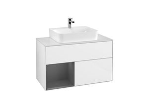 4051202702694 - Villeroy und Boch Finion Waschtischunterschrank G111GKGF 100cm Abdeckplatte white matt Emotion Regal links Anthracite matt Glossy white lacquer