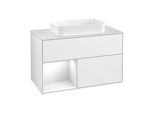 4051202710910 - Villeroy und Boch Finion Waschtischunterschrank G241GFGF 100cm Abdeckplatte white matt Emotion Regal links Glossy white lacquer Glossy white lacquer