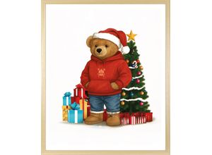 4067437130997 - Bild mit Rahmen QUEENCE Teddy Bär mit Weihnachtsmütze vor Tannenbaum farbe rahmen beige farbe bild(er) rot B40cm H50cm T15cm Acrylglas Holzrahmen Bilder