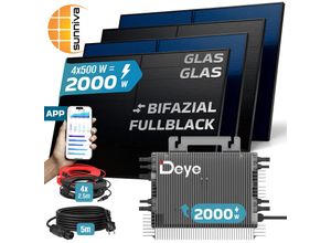 4255656236891 - SUNNIVA® 2000W Balkonkraftwerk BIFAZIAL FULLBLACK komplett Steckdose DEYE 2000W Wechselrichter PV Solaranlage 4x 500W Glas-Glas Solarmodule inkl 5m Kabel Bluetooth WIFI Komplettset