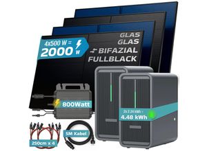 4255656237362 - SUNNIVA® 2000W Balkonkraftwerk mit 448 kWh Speicher MARSTEK 2x B2500-D BIFAZIAL FULLBLACK komplett Steckdose PV Solaranlage Komplettset mit Solarspeicher 4x 500W N-Type Glas-Glas Bifacial Module