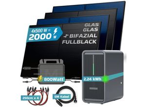 4255656237355 - SUNNIVA® 2000W Balkonkraftwerk mit 224 kWh Speicher MARSTEK B2500-D BIFAZIAL FULLBLACK komplett Steckdose PV Solaranlage Komplettset mit Solarspeicher 4x 500W N-Type Glas-Glas Bifacial Module