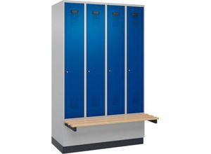 4069361390201 - Kleiderspind Evolo Plus 4 Abteile à 300 mm Breite Sockel schwebende Sitzbank B 1200 x T 815 x H 1950 mm Zylinder weißaluminium enzianblau