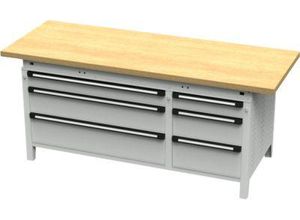 4024733014888 - Otto Kind Breitfachwerkbank Typ 425 Buche Multiplexplatte überstehend bis 1400 kg B 2004 x T 750 x H 850 mm Stahl Zentralverschluss lichtgrau lichtgrau