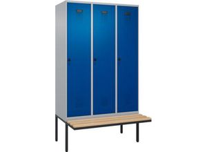 4068427630589 - Kleiderspind Evolo Plus 3 Abteile à 400 mm Breite schwebende Sitzbank B 1200 x T 815 x H 2120 mm Drehriegel weißaluminium enzianblau