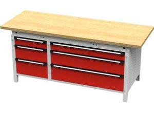 4024733014406 - Otto Kind Breitfachwerkbank Typ 415 Buche Multiplexplatte bis 1400 kg B 2004 x T 750 x H 850 mm Stahl Zentralverschluss lichtgrau feuerrot