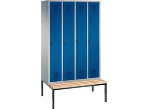 4063332637166 - Garderobenspind Evolo S 3000 Stahl m untergeb Sitzbank 4 Abteile m jew B 300 mm Sicherheitsdrehriegelverschluss weißaluminium RAL 9006 enzianblau RAL 5010
