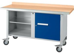 4051273774590 - Mobile Werkbank Select PWi 150-1 Buche-Multiplexplatte mit Stahlkante bis 400 kg B 1500 x T 700 x H 840 mm Enzianblau Weißaluminium