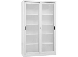 4260090178003 - Schiebetürenschrank 5 Ordnerhöhen 4 höhenverstellbare Fachböden Glastüren abschließbar B 1200 x T 450 mm x H 1950 mm Stahl lichtgrau RAL 7035