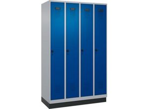 4068427630282 - Kleiderspind Evolo Plus 4 Abteile 300 mm Abteilbreite mit Sockel Anschlag rechts B 1200 x T 500 x H 1950 mm Drehriegel weißaluminium enzianblau