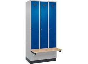 4069361390164 - Kleiderspind Evolo Plus 3 Abteile à 300 mm Breite Sockel schwebende Sitzbank B 900 x T 815 x H 1950 mm Zylinder weißaluminium enzianblau