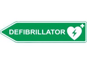 4260301052566 - Defibrillator-AED-Standort-Straßenschild Pfeilform linksweisend nachtleuchtend wetterfest Dibond-Druck L 600 x H 150 mm grün-weiß