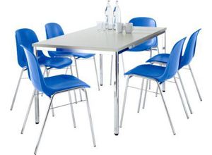 4250510934142 - Sparset Stapelstuhl BETA Bezug blau Sitzmaße B 400 x T 420 x H 460 mm 6 Stück + Konferenztisch B 1600 x T 800 mm lichtgrau