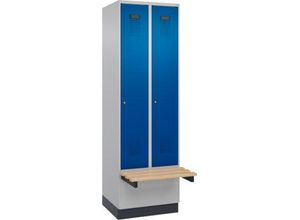 4069361390126 - Kleiderspind Evolo Plus 2 Abteile à 300 mm Breite Sockel schwebende Sitzbank B 600 x T 815 x H 1950 mm Zylinder weißaluminium enzianblau