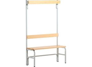 4030426145227 - Umkleidebank Stahlrohr Holz einfach mit Garderobenteil 1015 mm breit lichtgrau