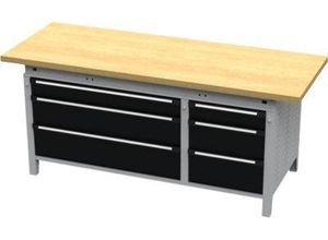 4024733015021 - Otto Kind Breitfachwerkbank Typ 425 Buche Multiplexplatte überstehend bis 1400 kg B 2004 x T 750 x H 850 mm Stahl Zentralverschluss weißaluminium tiefschwarz