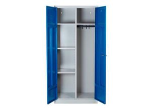 4260090176122 - Putzmittelschrank B 800 mm 4 Böden kompl Mitteltrennwand abschließbar enzianblau RAL 5010 lgrau RAL 7035