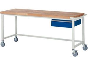 4040376189820 - Fahrbare Werkbank BxTxH 2000x700x880 mm 1 Schublade 150 mm Platte Buche 40 mm ral 7035 5010