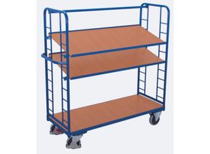 4035694001022 - Etagenwagen Stahl MDF-Platte Enzianblau Buche-Dekor 3 Etagen 1650 x 650 mm Stirnwände mit Rundstahlverstrebung EasySTOP bis 400 kg