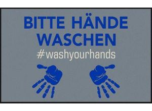 9010216054422 - Fußmatte Bitte Hände waschen Polyamid Rücken Ränder aus Nitrilgummi waschbar L 750 x B 1200 mm grau blau