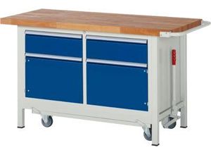 4040376085092 - Werkbank mit absenkbarem FahrgestellBxTxH 1500x700x880 mm 2 Schubladen 180 mm 2 Türen 360 mm RAL7035 RAL5010