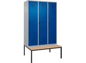 4068427630374 - Kleiderspind Evolo Plus 3 Abteile 400 mm Abteilbreite mit untergebauter Sitzbank B 1200 x T 815 x H 2120 mm Drehriegel weißaluminium enzianblau