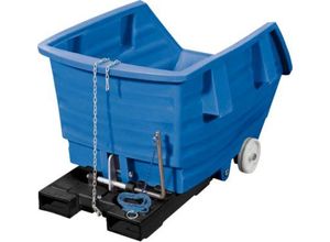 4250101103889 - Kippbehälter mit Rollen Polyethylen blau B 960 x T 1530 x H 830 mm 500 l Schüttkanthöhe 460 mm bis 150 kg Kipp-Arretierungsvorrichtung