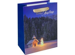 4004360769146 - Geschenktasche Christmas Chapel Weihnachts-Motiv Bodeneinlage Seidenbandgriffe B 180 x T 100 x H 230 mm Weißkarton Kunststoff blau 1 Stück