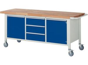 4040376091987 - Fahrbare Werkbank BxTxH 2000x700x880 mm 3 Schubladen 180 mm 2 Türen 540 mm 2 Fachböden RAL7035 RAL5010