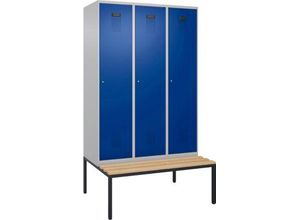 4069361389694 - Kleiderspind Evolo Plus 3 Abteile 400 mm Abteilbreite mit untergebauter Sitzbank B 1200 x T 815 x H 2120 mm Zylinder weißaluminium enzianblau