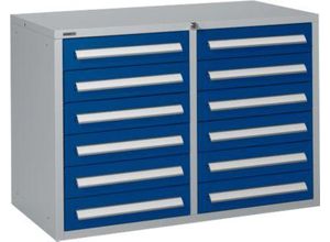 4051273046314 - Select Schubladenschrank SF 120 12 Schübe mit Etikettenschildern abschließbar B 1055 x T 500 x H 723 mm weißaluminium RAL 9006 enzianblau RAL 5010