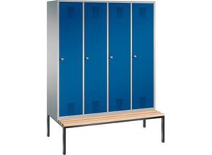 4063332707142 - Garderobenspind Evolo S 3000 Stahl Sitzbank 4 Abteile mit jew B 400 mm Zylinderschloss weißaluminium RAL 9006 enzianblau RAL 5010