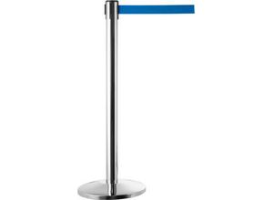 4250510873540 - Absperrpfosten chromsilber Gurtband blau ausziehbar bis 2 m selbstaufrollend mit Bremse Ø 360 x H 1040 mm Metall verchromt