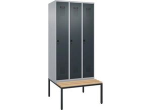 4068427630367 - Kleiderspind Evolo Plus 3 Abteile 300 mm Abteilbreite mit untergebauter Sitzbank B 900 x T 815 x H 2120 mm Drehriegel weißaluminium anthrazitgrau
