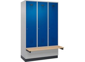 4069361390188 - Kleiderspind Evolo Plus 3 Abteile à 400 mm Breite Sockel schwebende Sitzbank B 1200 x T 815 x H 1950 mm Zylinder weißaluminium enzianblau
