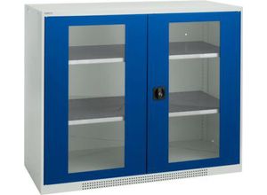 4051273768865 - Genius Flügeltürenschrank FS Stahl Sichtfenster Lüftungslöcher B 1343 x T 520 x H 1105 mm 3 OH Lichtgrau Enzianblau bis 450 kg