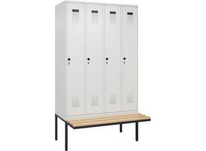 4068192197263 - Spind Evolo PLUS Sitzbank 4 Abteile lichtgrau   lichtgrau B 1200 mm Sicherheits-Drehriegel mit auskragender Sitzbank Buche kaiserkraft