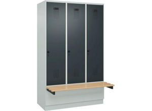 4068192195740 - Kleiderspind Evolo Plus 3 Abteile à 400 mm Breite Sockel schwebende Sitzbank B 1200 x T 815 x H 1950 mm Drehriegel lichtgrau anthrazitgrau
