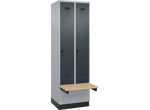 4068427630633 - Kleiderspind Evolo Plus 2 Abteile à 300 mm Breite Sockel schwebende Sitzbank B 600 x T 815 x H 1950 mm Drehriegel weißaluminium anthrazitgrau