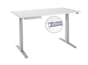 4251898813838 - Schreibtisch elektrisch höhenverstellbar T-Fuß B 1600 x T 800 x H 645-1290 mm lichtgrau weißaluminium + Kabelkanal Zubehörschublade
