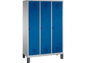 4063332636695 - Garderobenspind Evolo S 3000 Stahl m Füßen 3 Abteile Sicherheitsdrehriegelverschluss weißaluminium RAL 9006 enzianblau RAL 5010
