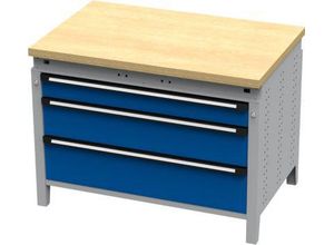 4024733014352 - Otto Kind Breitfachwerkbank Typ 410 Buche Multiplexplatte bis 1200 kg B 1152 x T 750 x H 850 mm Stahl Zentralverschluss weißaluminium enzianblau