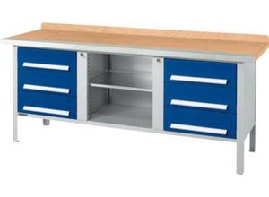 4051273777232 - Kastenwerkbank Select PWi 200-2 Buche-Multiplexplatte mit Stahlkante bis 750 kg B 2000 x T 700 x H 840 mm Enzianblau Weißaluminium