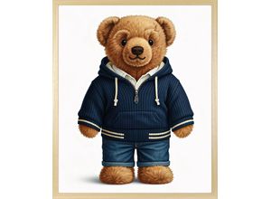 4067437131154 - Bild mit Rahmen QUEENCE Teddy Bär mit Jeans und Hoody farbe rahmen beige farbe bild(er) blau B50cm H70cm T15cm Acrylglas Holzrahmen Bilder