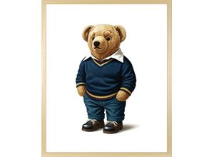 4067437130867 - Bild mit Rahmen QUEENCE Vintage Polo Teddy Bär in Pullover und Hemd farbe rahmen beige farbe bild(er) blau B30cm H40cm T15cm Acrylglas Holzrahmen Bilder