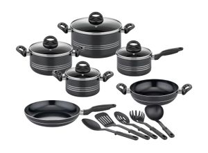 4005643158800 - Topf-Set Milano Nero Aluminium (Set 15-tlg je 1 Kochtopf 16 20 2 cm 1 Stielkasserolle 16cm je 1 Pfanne 24 28cm) Induktion inkl 5-teiliges Küchenhelfer-Set schwarz