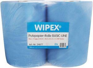 4250139207672 - WIPEX Basic-Line Putzpapier 3-lagig perforiert hohe Saugfähigkeit 100 % Zellstoff blau 2 Rollen mit jeweils 500 Tüchern
