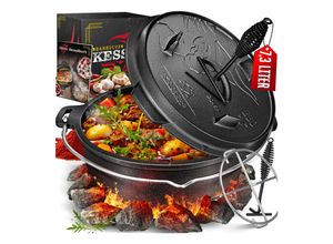 4260692717587 - KESSER® Dutch Oven Set BBQ Feuertopf Schmortopf Gusseisen Topf mit Deckelheber Henkel und Schlitz für Themormeter kochkessel Grilltopf Gulaschkessel für Oudoor & Indoor