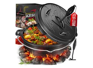 4260692717563 - KESSER® Dutch Oven Set BBQ Feuertopf Schmortopf Gusseisen Topf mit Deckelheber Henkel und Schlitz für Themormeter kochkessel Grilltopf Gulaschkessel für Oudoor & Indoor